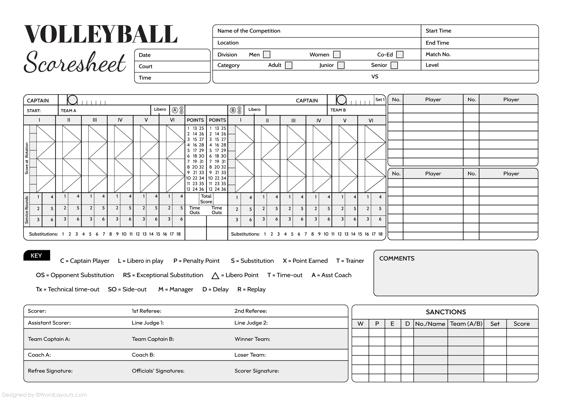 Volleyball Scoresheet Pro Template - WordLayouts