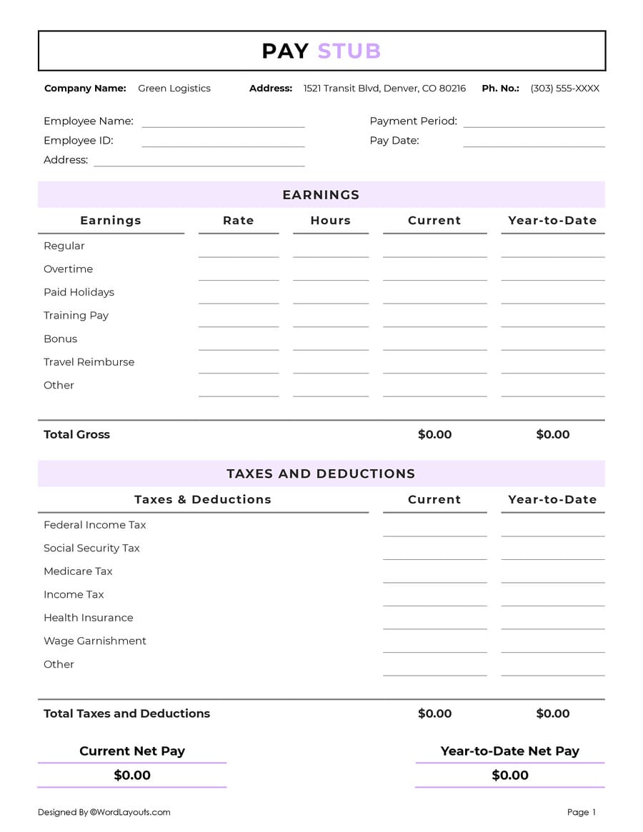 Free Pay Stub Template - WordLayouts