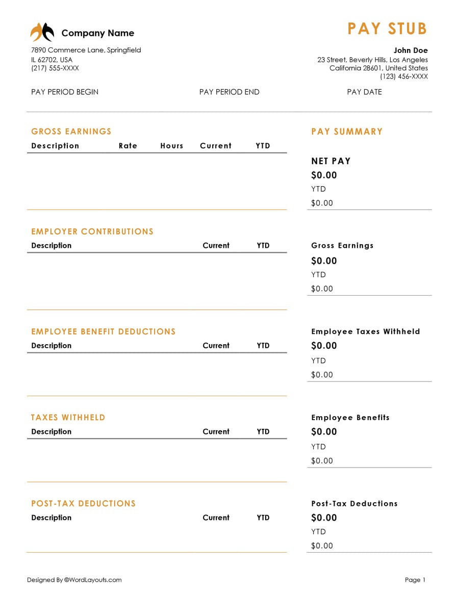 Free Customizable Pay Stub Template - WordLayouts
