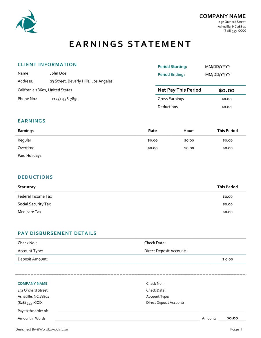 Professional Pay Stub Template - WordLayouts