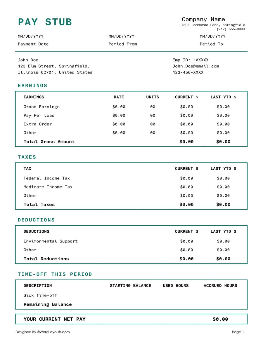 Premium Editable Pay Stub Template - WordLayouts