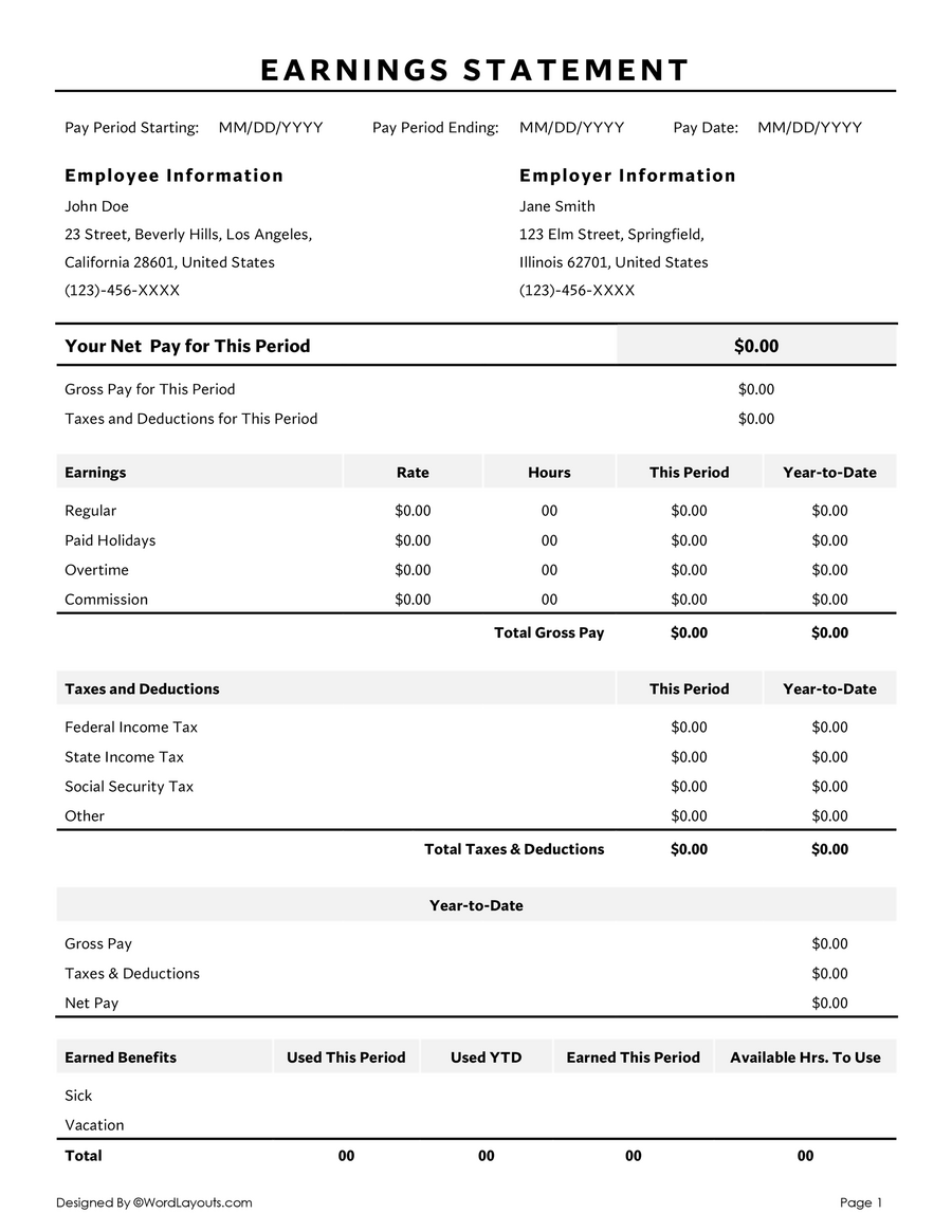 Advanced Fillable Pay Stub Template - WordLayouts